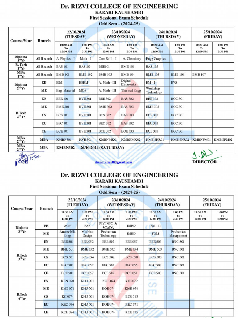 24-25odd Sem 1st Sessional Time Table | PDF