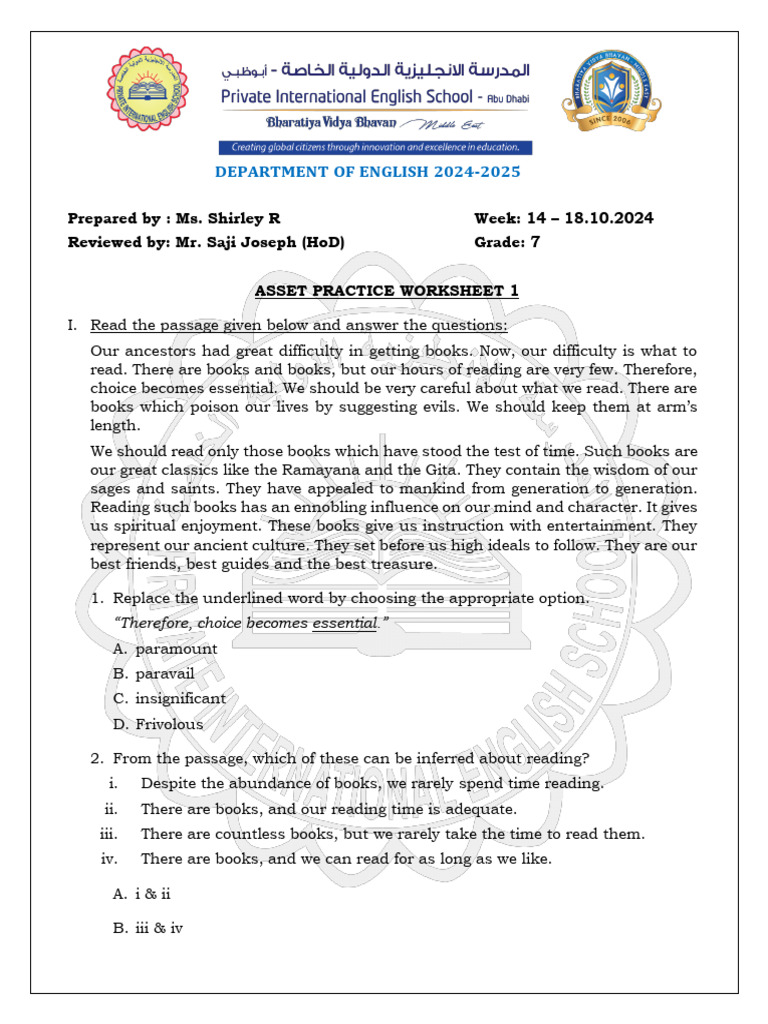 ASSET Practice Worksheet 1 | PDF | General Fiction