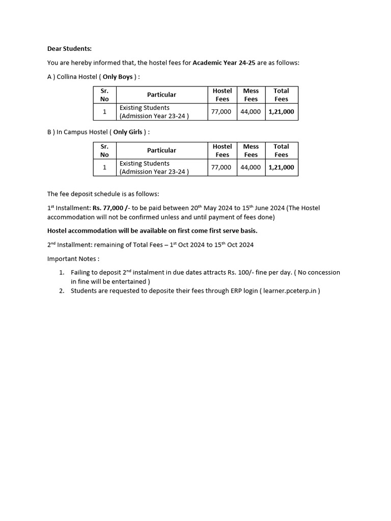 2024-25 Hostel Fees Structure | PDF