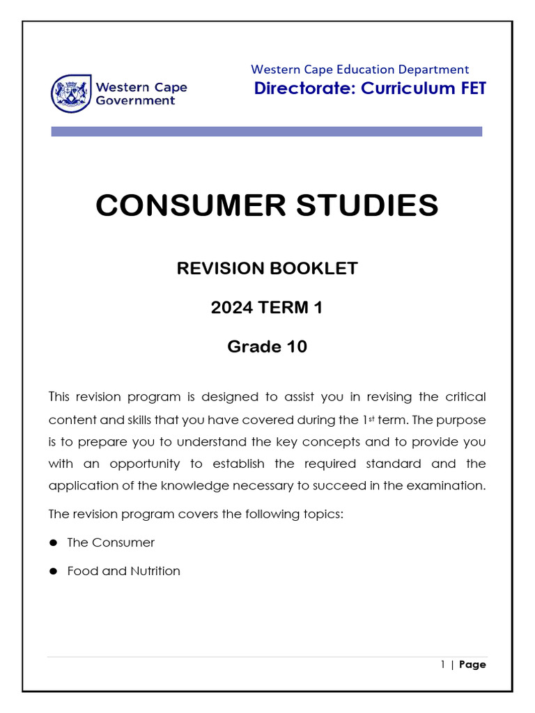 Consumer Studies Grade 10 Revision Material Term 1 2024 | PDF ...