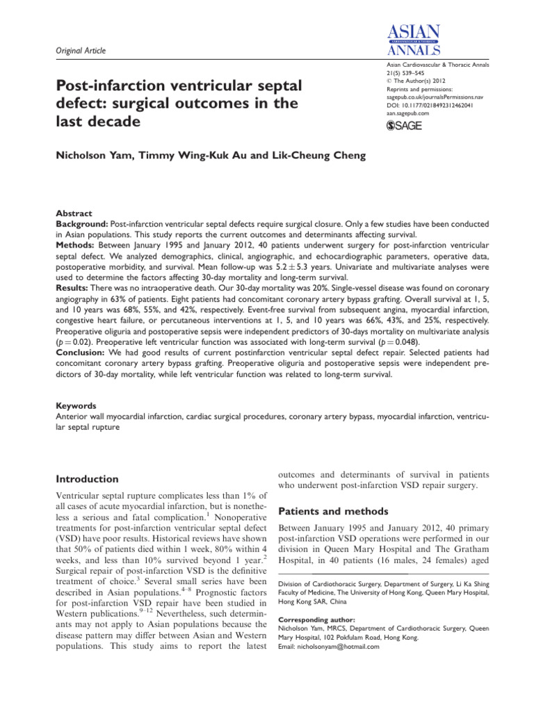 Post-Infarction Ventricular Septal Defect: Surgical Outcomes in The ...