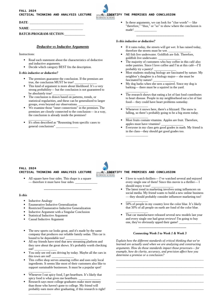 Week 3 - Worksheet-5 - Inductive Vs Deductive Arguments | PDF ...