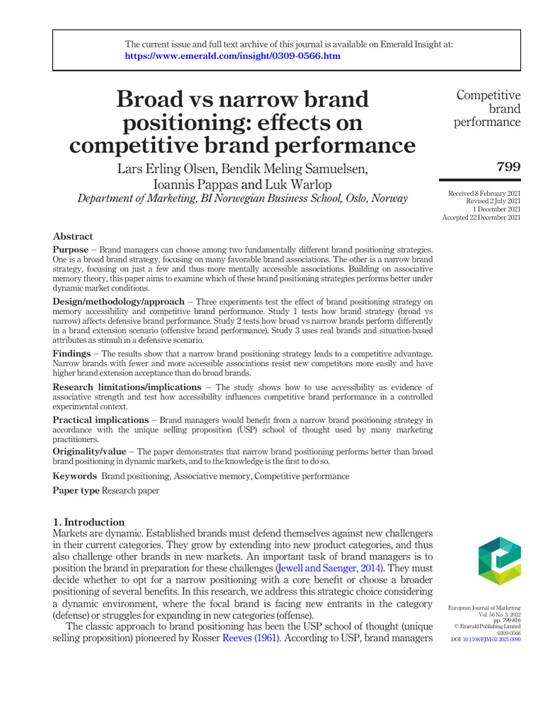 Broad Vs Narrow Brand Position | PDF | Brand | Marketing