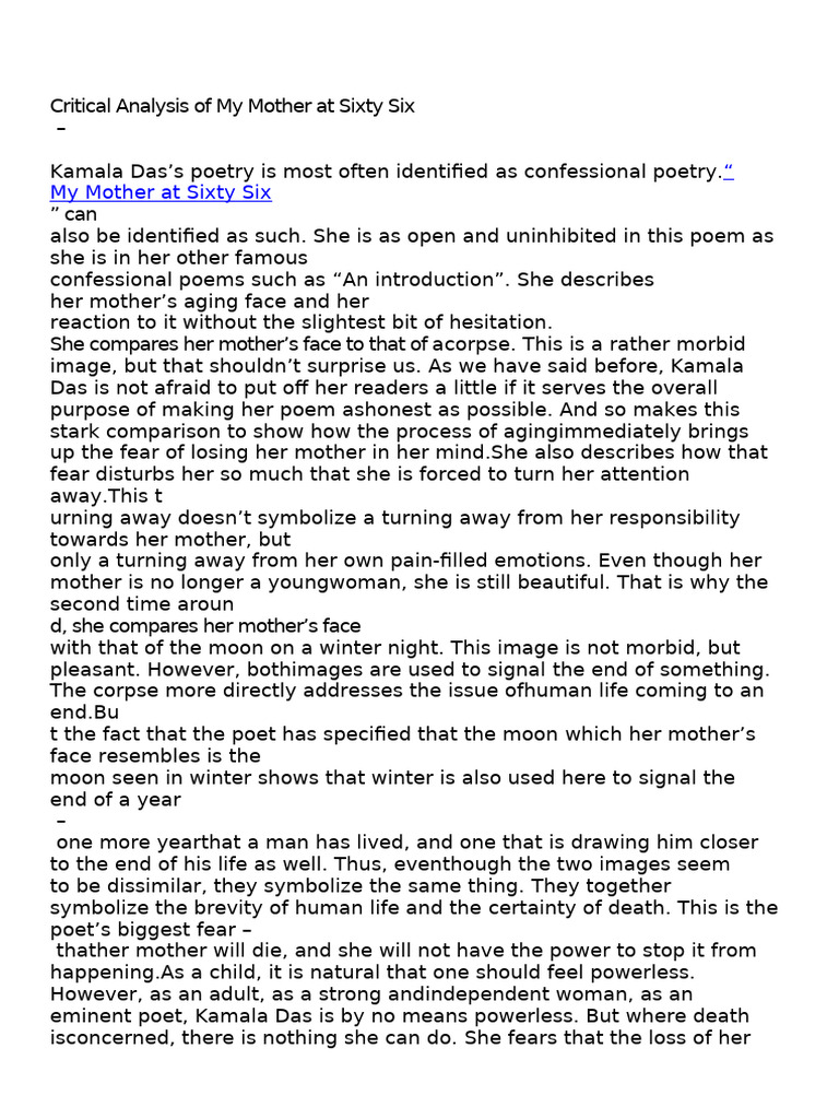 Critical Analysis of "My Mother at Sixty Six" | PDF | Poetry