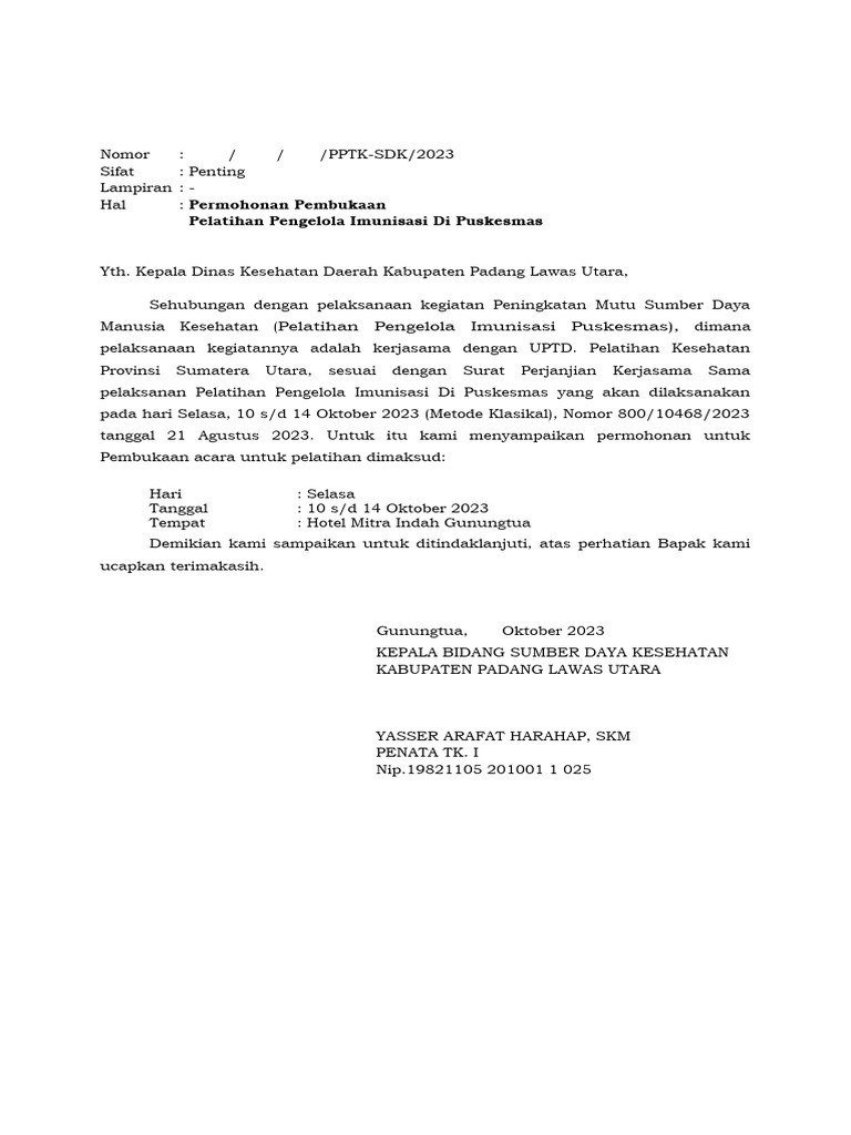 Surat Permohonan Membuka Dan Penutupan Pelatihan | PDF