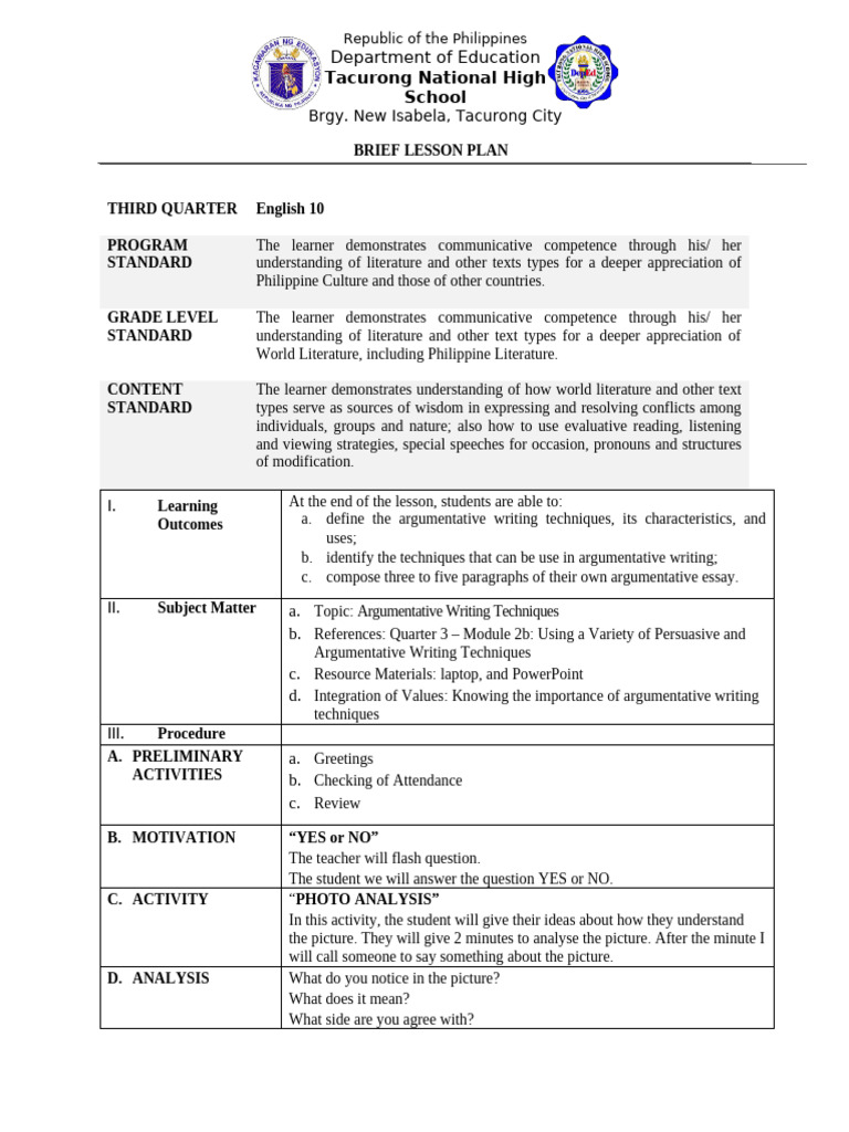 Brief Lesson Plan 3 | PDF | Learning | Lesson Plan