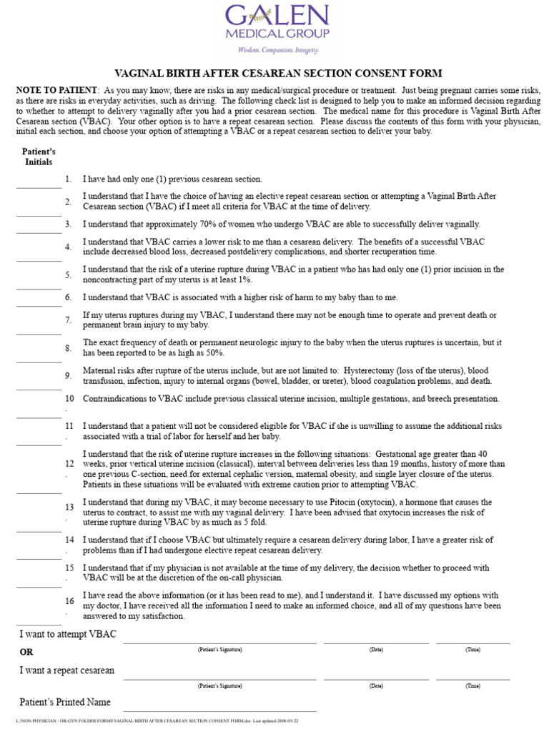 VBAC ConsentForm6 08 2 | PDF | Caesarean Section | Childbirth