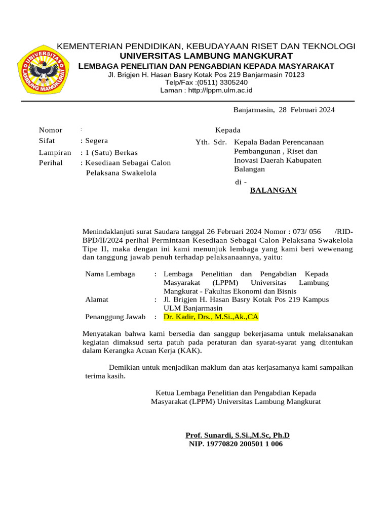 Surat Permintaan Kesediaan (LPPM) | PDF