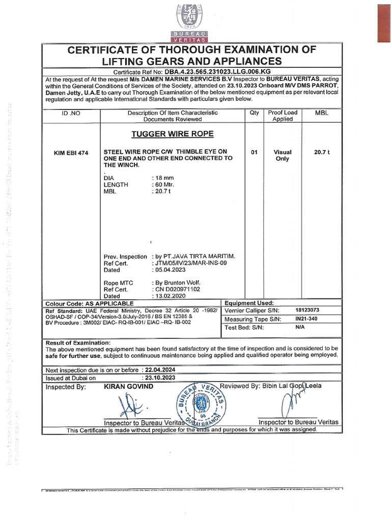 Tugger Wire and Spare Cert. Exp. 22 April 2024 | PDF