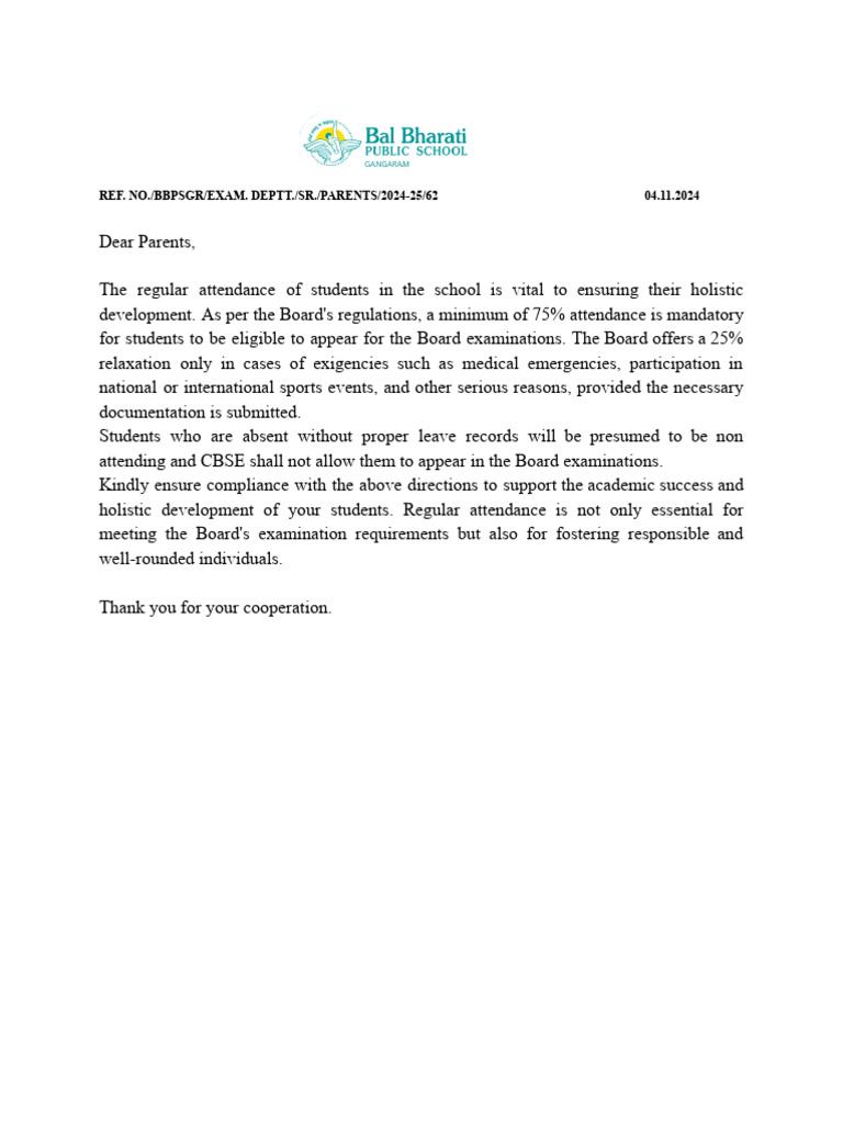 Strict Compliance With Attendance Requirements As Per CBSE Examination ...
