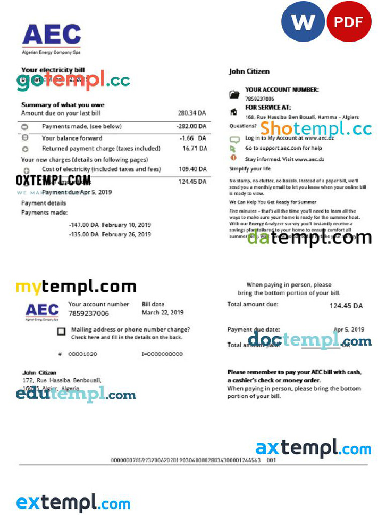 Doctempl - Algeria AEC Algerian Energy Company Utility Bill Template in ...