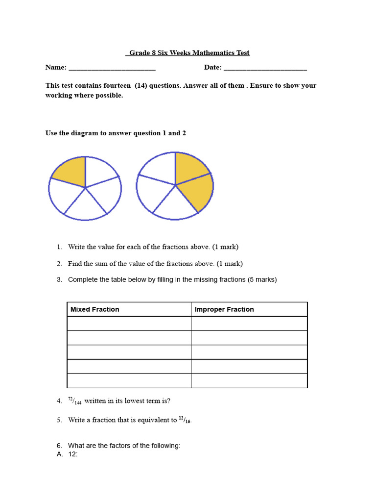 Grade 8 Math Test: Fractions & Factors | PDF