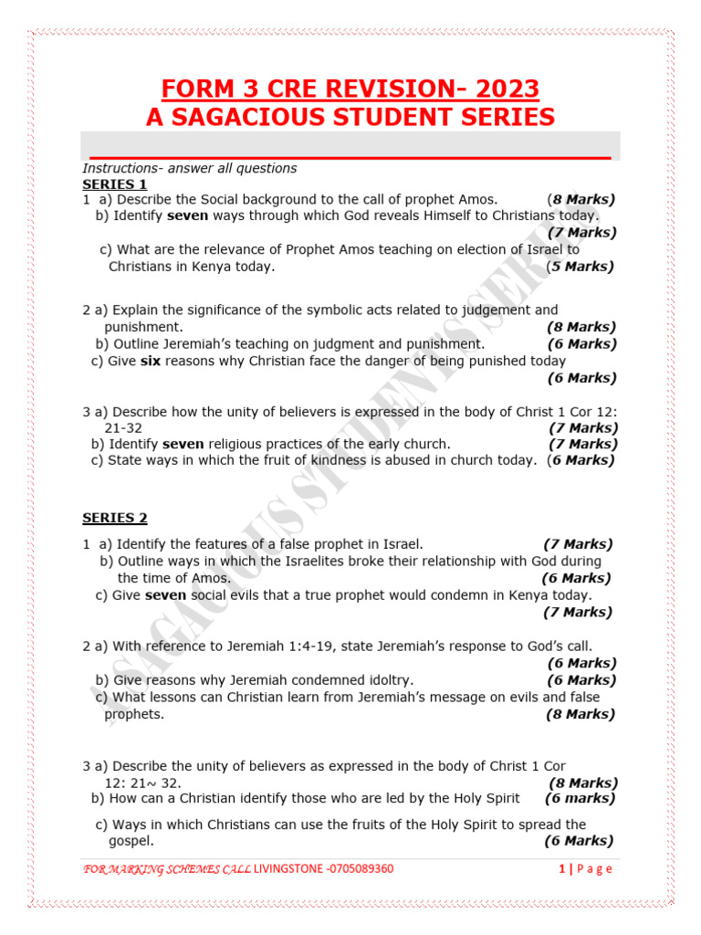 Form 3 CRE Revision Questions 2023 | PDF | Prophet | Jeremiah