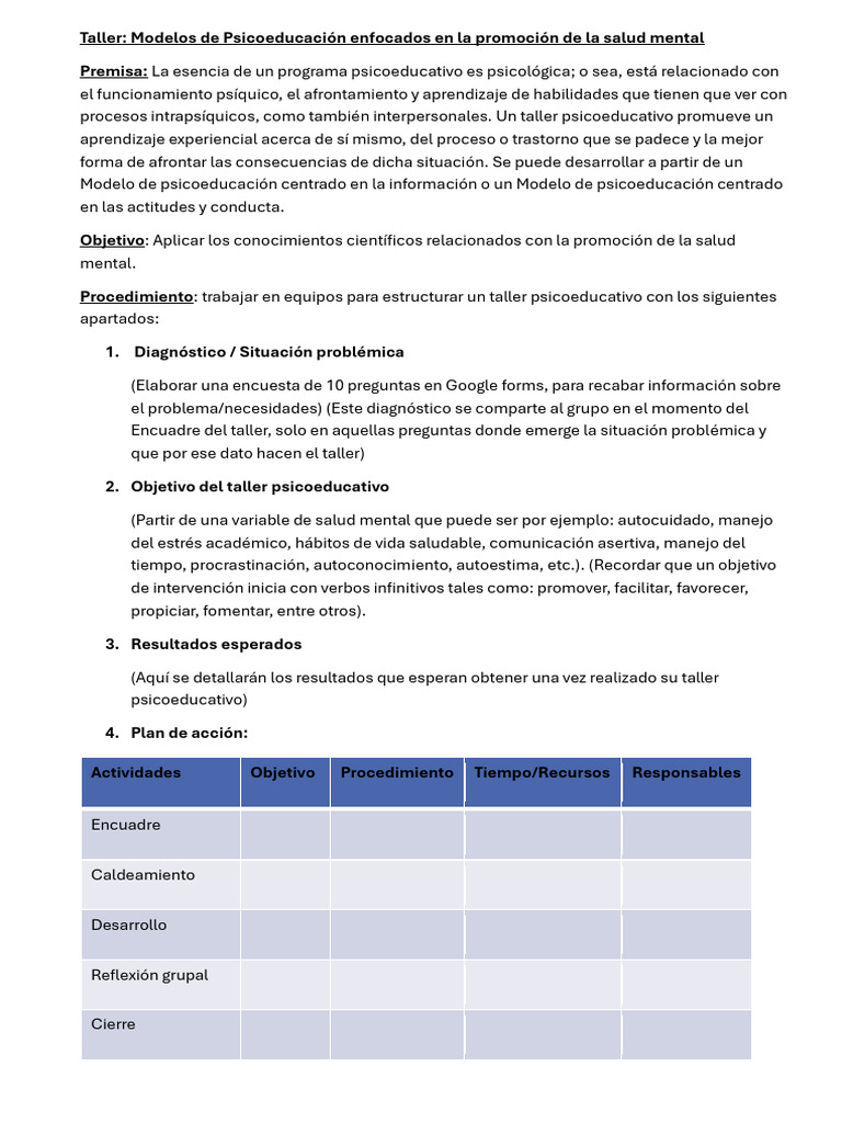 Taller 2-Modelos de Psicoeducación | PDF | Salud mental | Aprendizaje