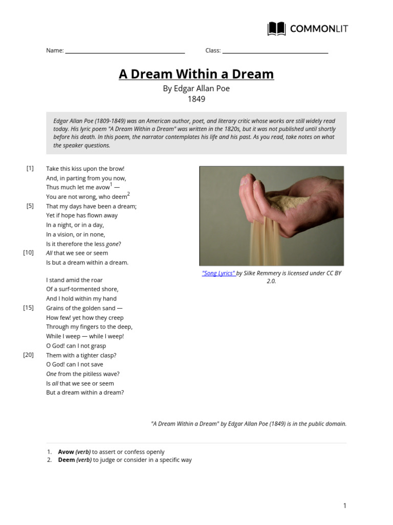 "A Dream Within a Dream" Analysis | PDF | Dream | Poetry