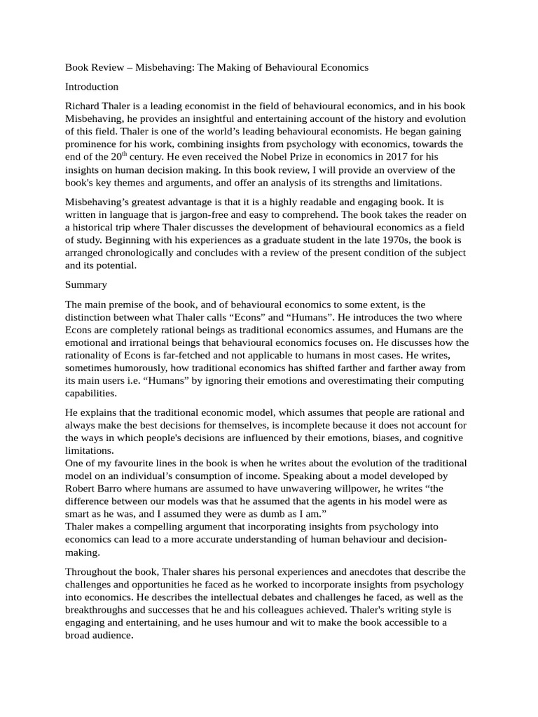 Misbehaving Book Review - Siddarth Raman | PDF | Behavioral Economics | Economics