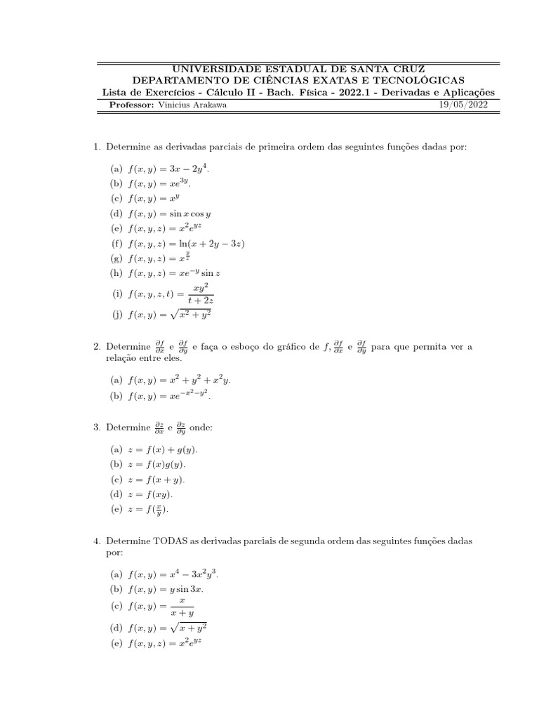 Lista de Exerc Cios C Lculo 2 Derivadas para Praticar | PDF | Derivado | Analise matemática