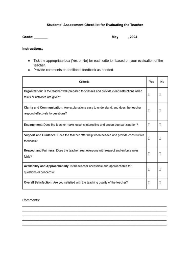 Students' Assessment Checklist For Evaluating The Teacher | PDF ...