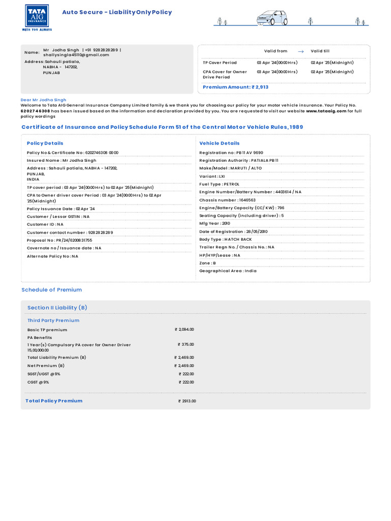Tata AIG Motor Policy Schedule - 3184 - 6202746308-00 | PDF | Insurance ...