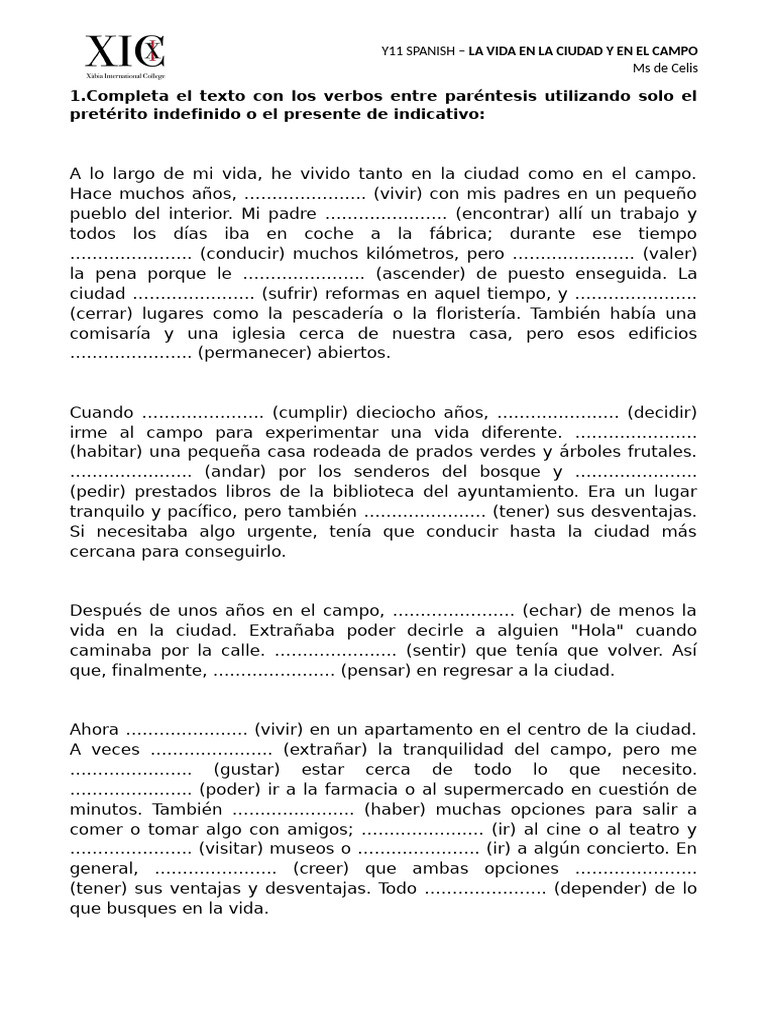 Texto Pretérito Indefinido y Comprensión Lectora Vida en El Campo | PDF ...