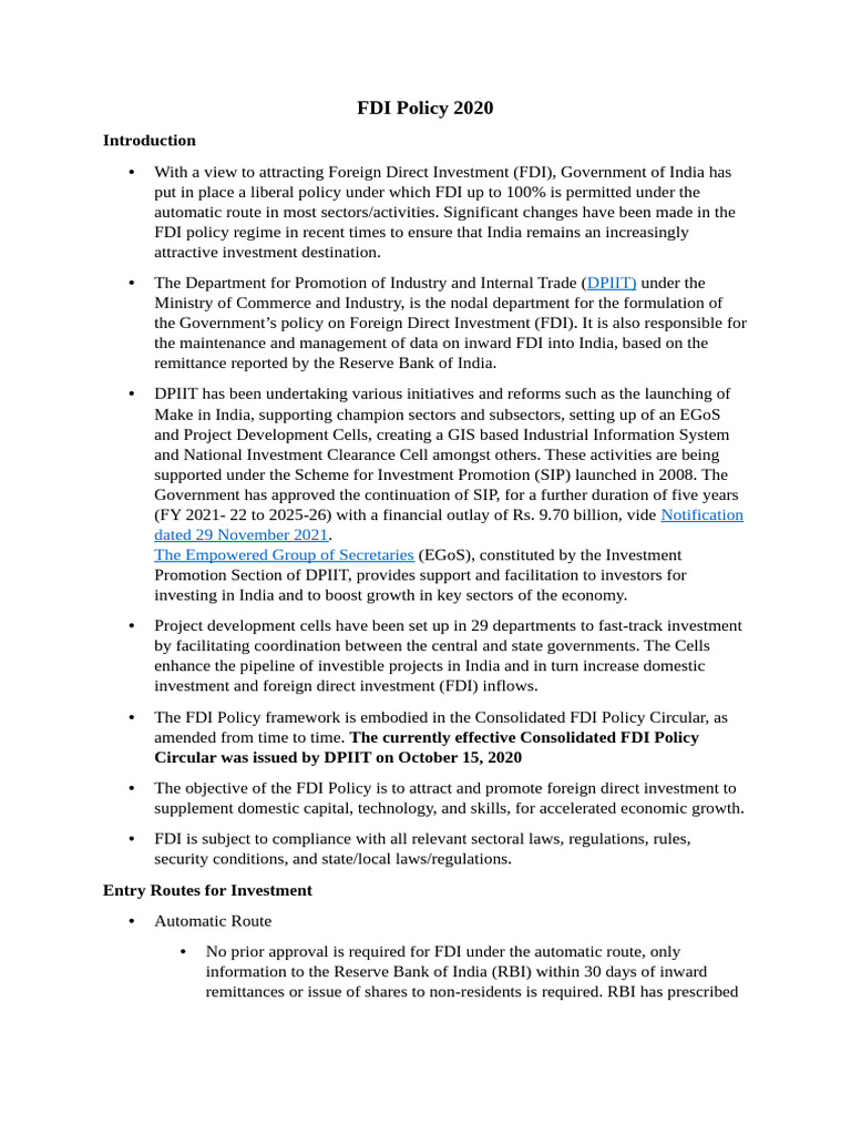 FDI Policy 2020 | PDF | Foreign Direct Investment | E Commerce