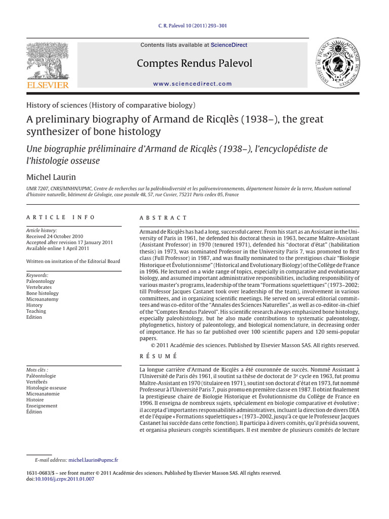 A Preliminary Biography of Armand de Ricqlès (1938-), The g2 | PDF ...