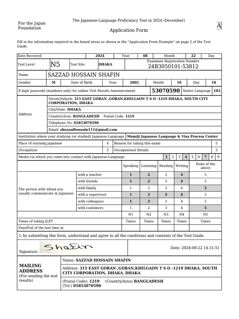 JLPT Form 24B3050101-53812 | PDF