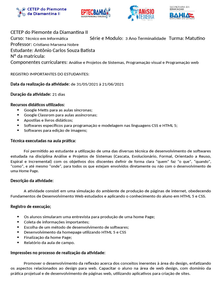 Ficha Do Relatório Final | PDF | Rede mundial de computadores | Internet e Web