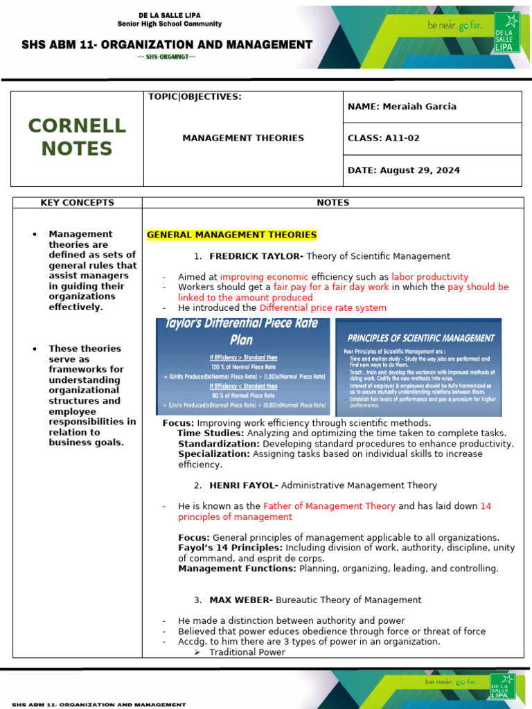 SHS Orgmangt Cornell Notes - Garcia | PDF | Theory | Power (Social And ...