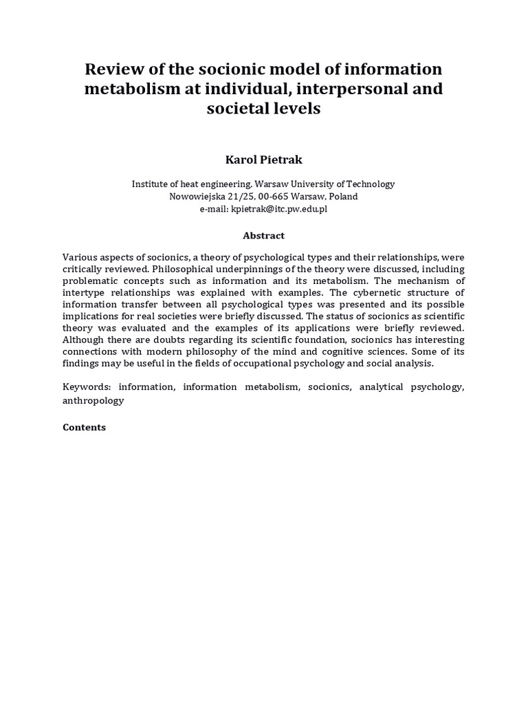 Review of the socionic model of information metabolism | PDF | Id | Entropy