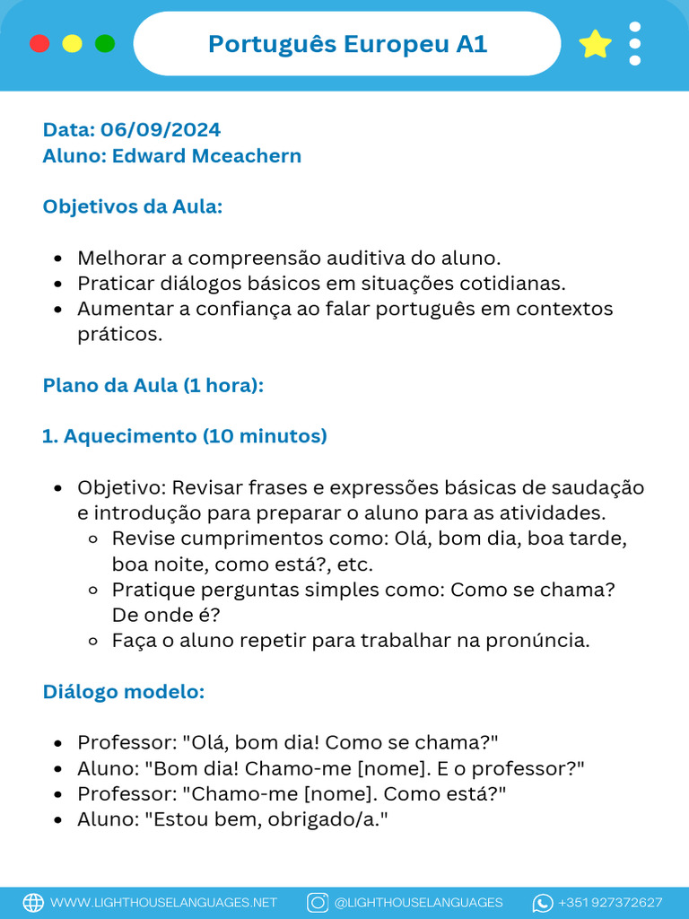 Plano de Aula Português A1 | PDF