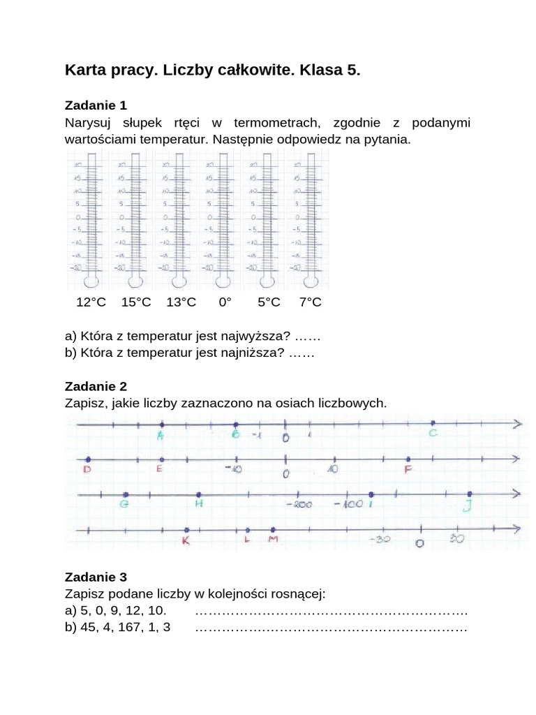 Karta Pracy. Liczby Całkowite. | PDF