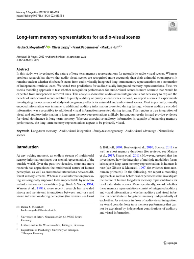 Long Term Memory Representations For Audio Visual Scenes | PDF | Memory | Perception