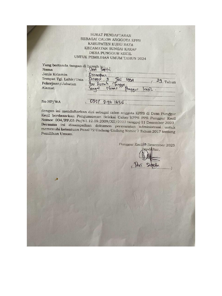 Surat Pendaftaran Devi Safitri.. | PDF