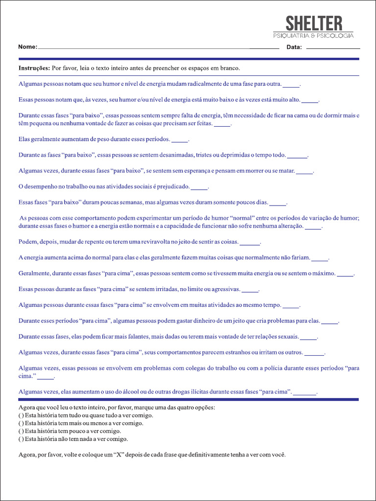EDEB Impresso - Escala Diagnostica Do Espectro Bipolar | PDF