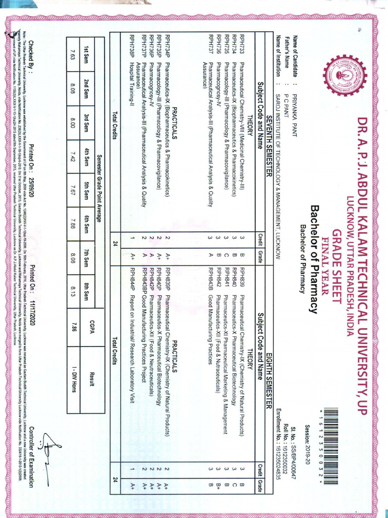 4 TH Year Marksheet | PDF