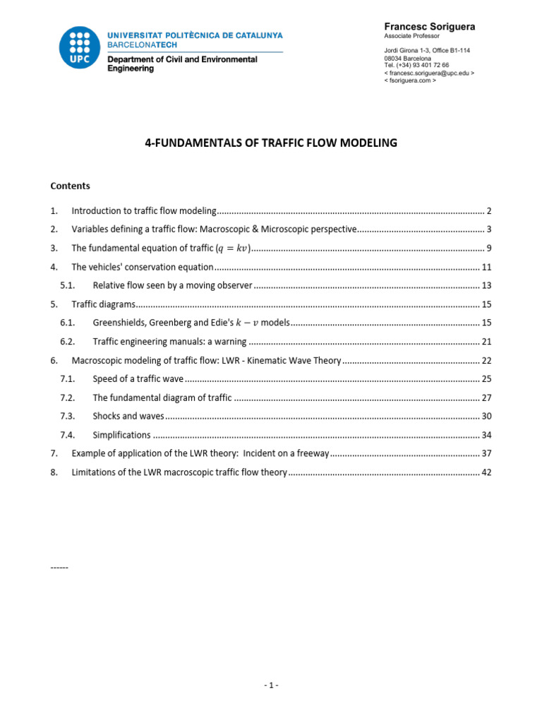 4-Fundamentals Traffic Flow Modeling | PDF | Traffic | Spacetime