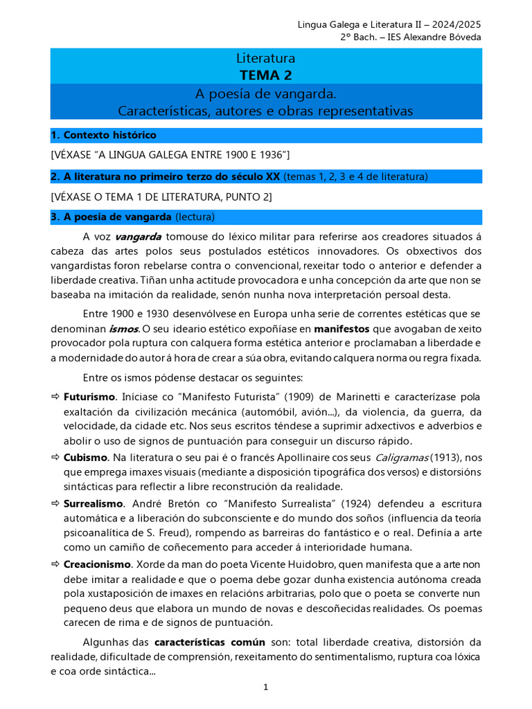 Literatura. Tema 2. A Poesía de Vangarda | PDF