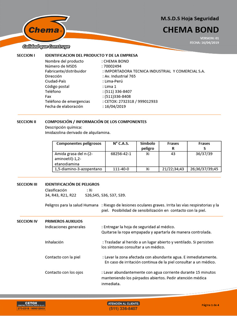 Hoja de Seguridad CHEMA BOND | PDF | Amoníaco | Agua