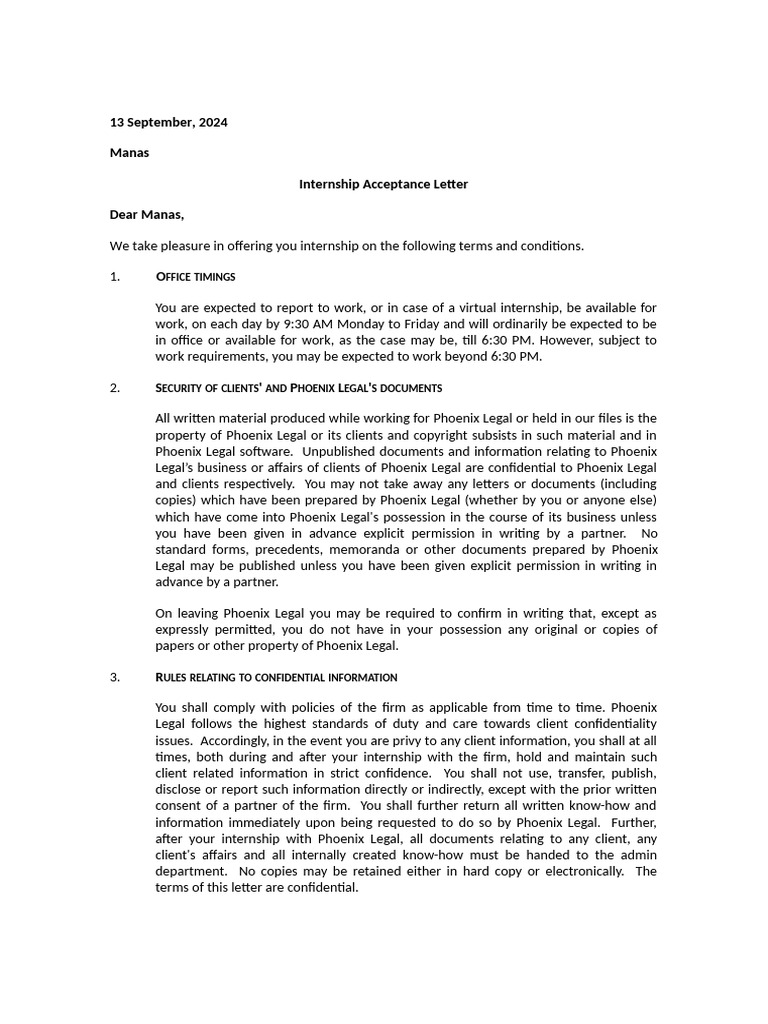 Internship Acceptance Letter - Manas | PDF | Confidentiality | Justice