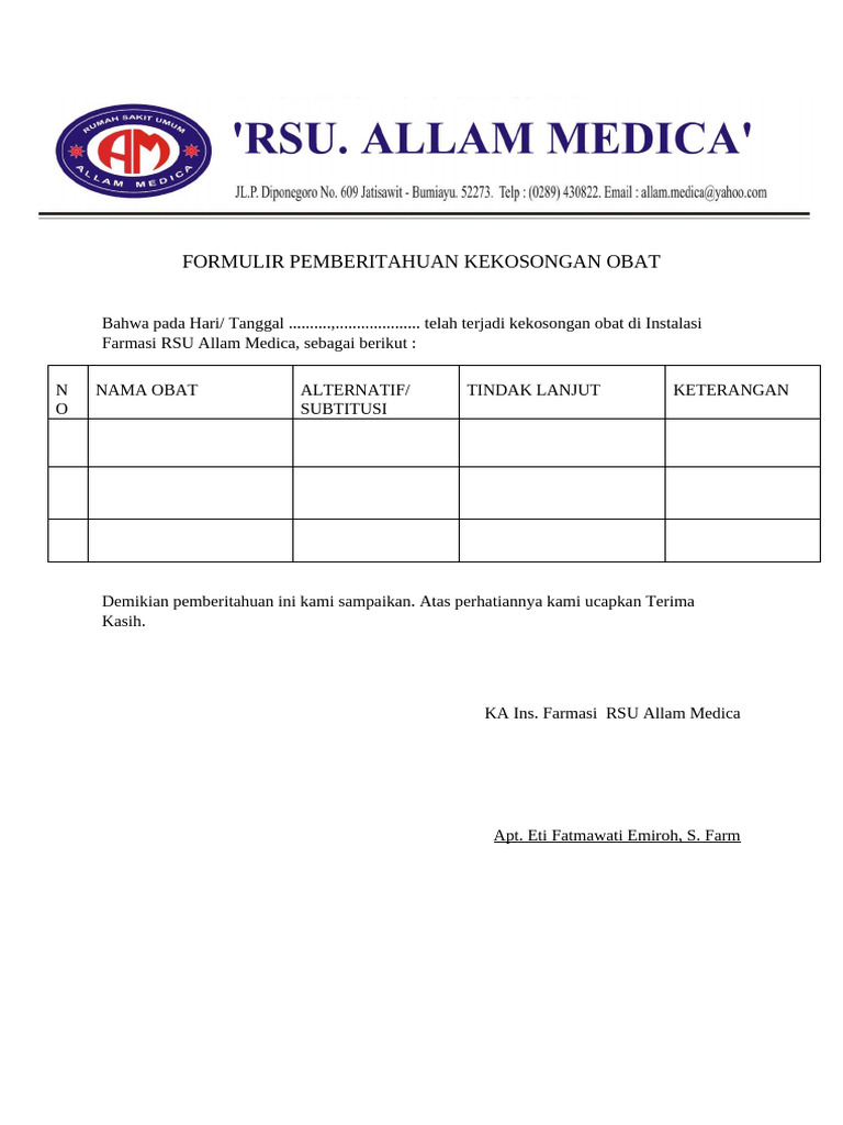 Formulir Pemberitahuan Kekosongan Obat | PDF | Sains & Matematika ...