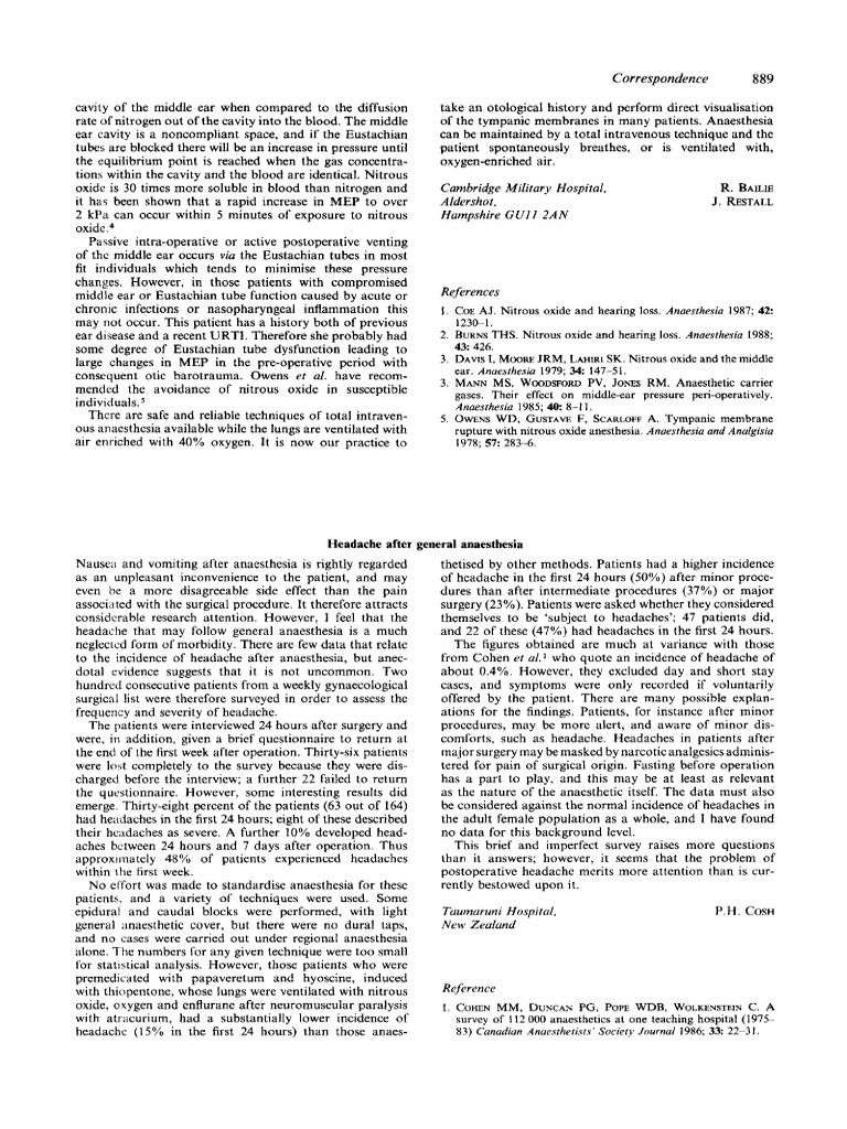 Anaesthesia - October 1988 - Cosh - Headache After General Anaesthesia | PDF | Anesthesia | Surgery