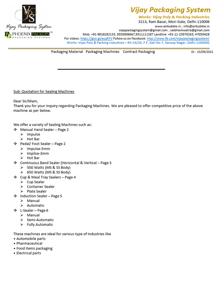 VPS-Quotation-Sealing Machine 16.9.22 | PDF | Heat