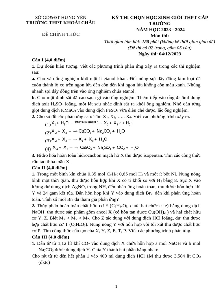2023-2024 HSG 12 Trường Khoái Châu Hưng Yên - File Đề + HDC | PDF