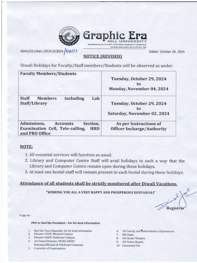 Diwali Holidays Notice 2024-2025 | PDF
