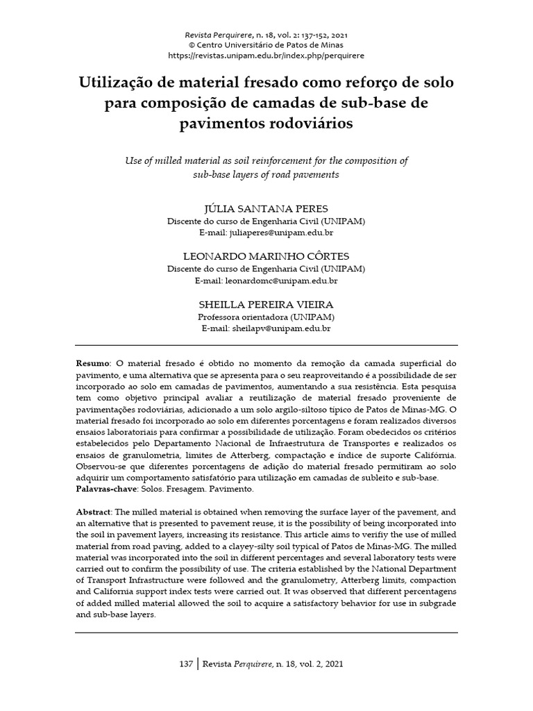 Utilização de Material Fresado Como Reforço de Solo para Composição de ...