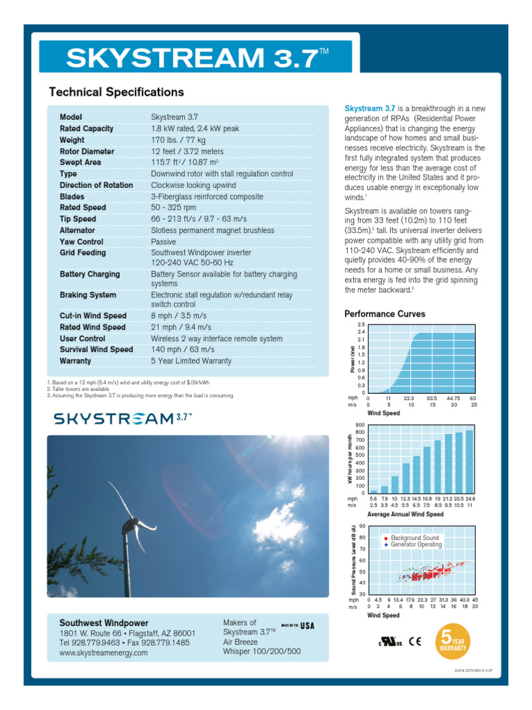 Skystream 3.7 Specifications | PDF | Wind Power | Electricity