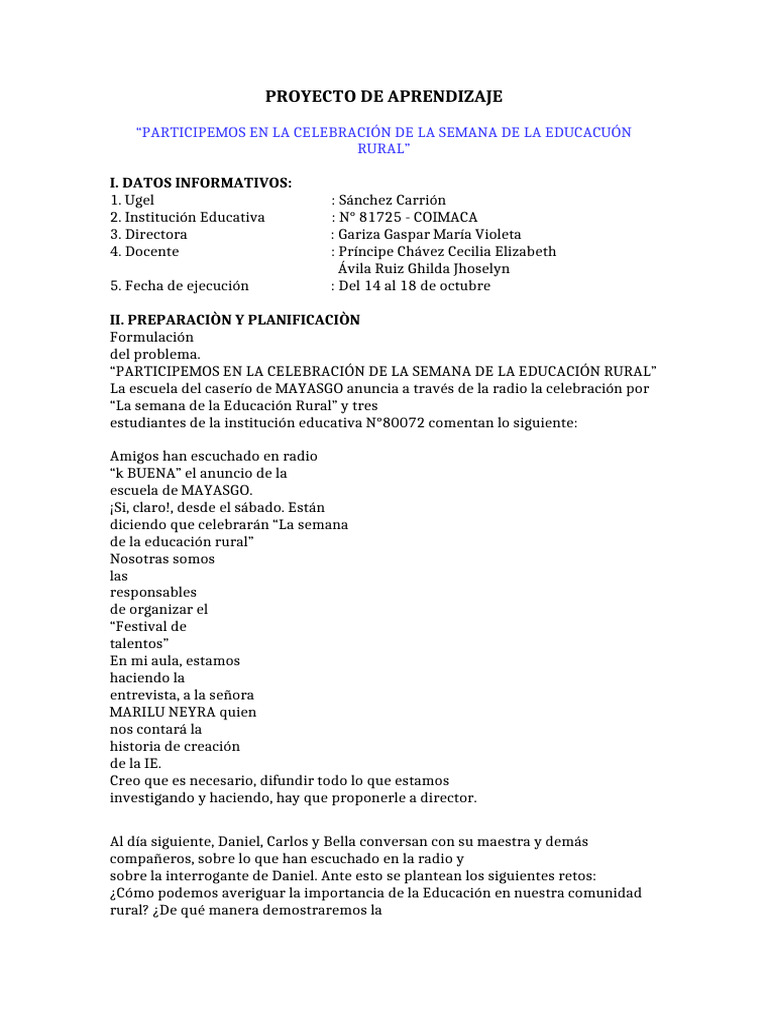 PROYECTO DE APRENDIZAJE | PDF | Aprendizaje