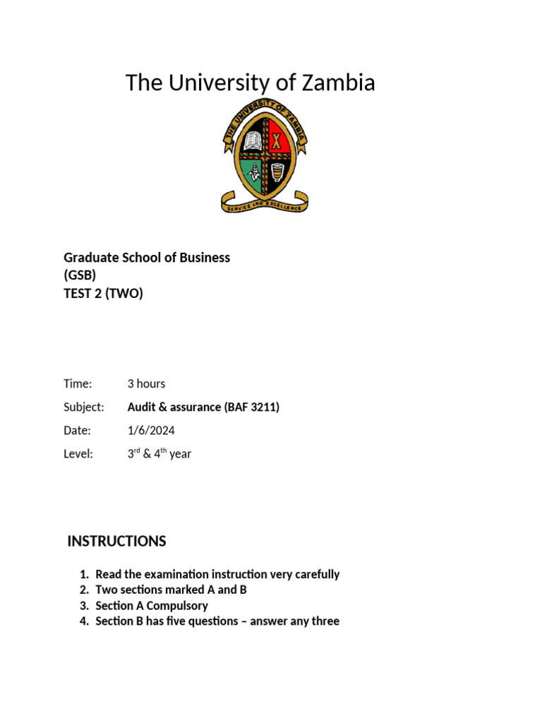 The University of Zambia GSB TEST 2 2024 | PDF | Audit | Internal Audit