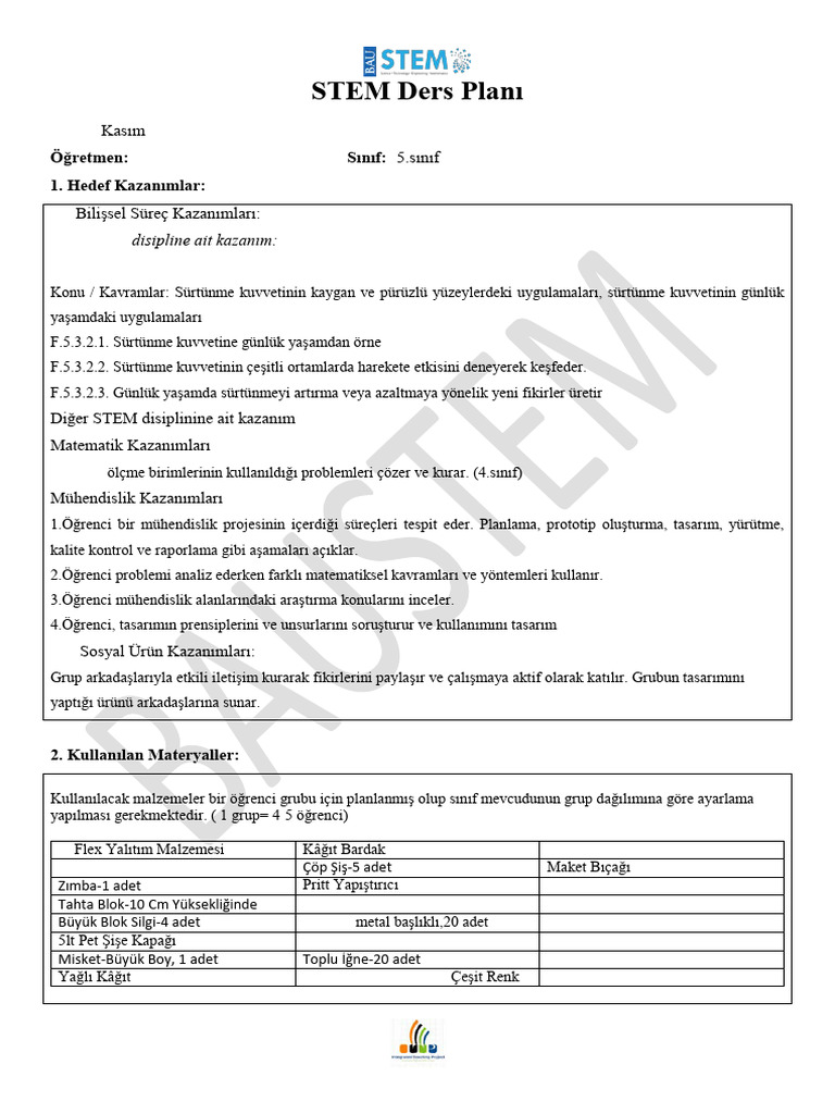 Stem Sürtünme Ders Plani Örneği̇ | PDF